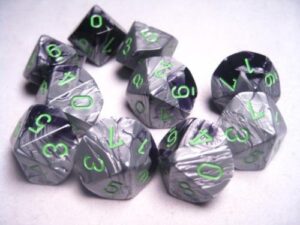 chessex dice sets: gemini black & grey / gray with green - ten sided die d10 set (10)