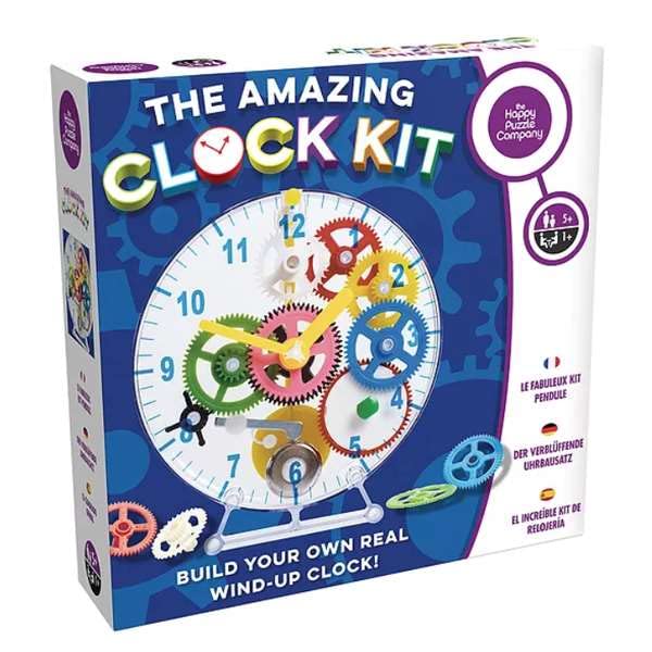 Happy Puzzle Company The Amazing Clock Kit - Construct your own colorful real working clock. Educational toy that teaches how clocks work, and doubles as an actual wind-up clock.