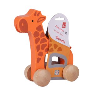 Hape Giraffe Wooden Push and Pull Toddler Toy, L: 5.3, W: 2.4, H: 5.9 inch, Orange