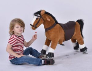 ufree ride on horse, horse ride on toy, mechanical horse, plush animal, black mane and tail, age 3-6