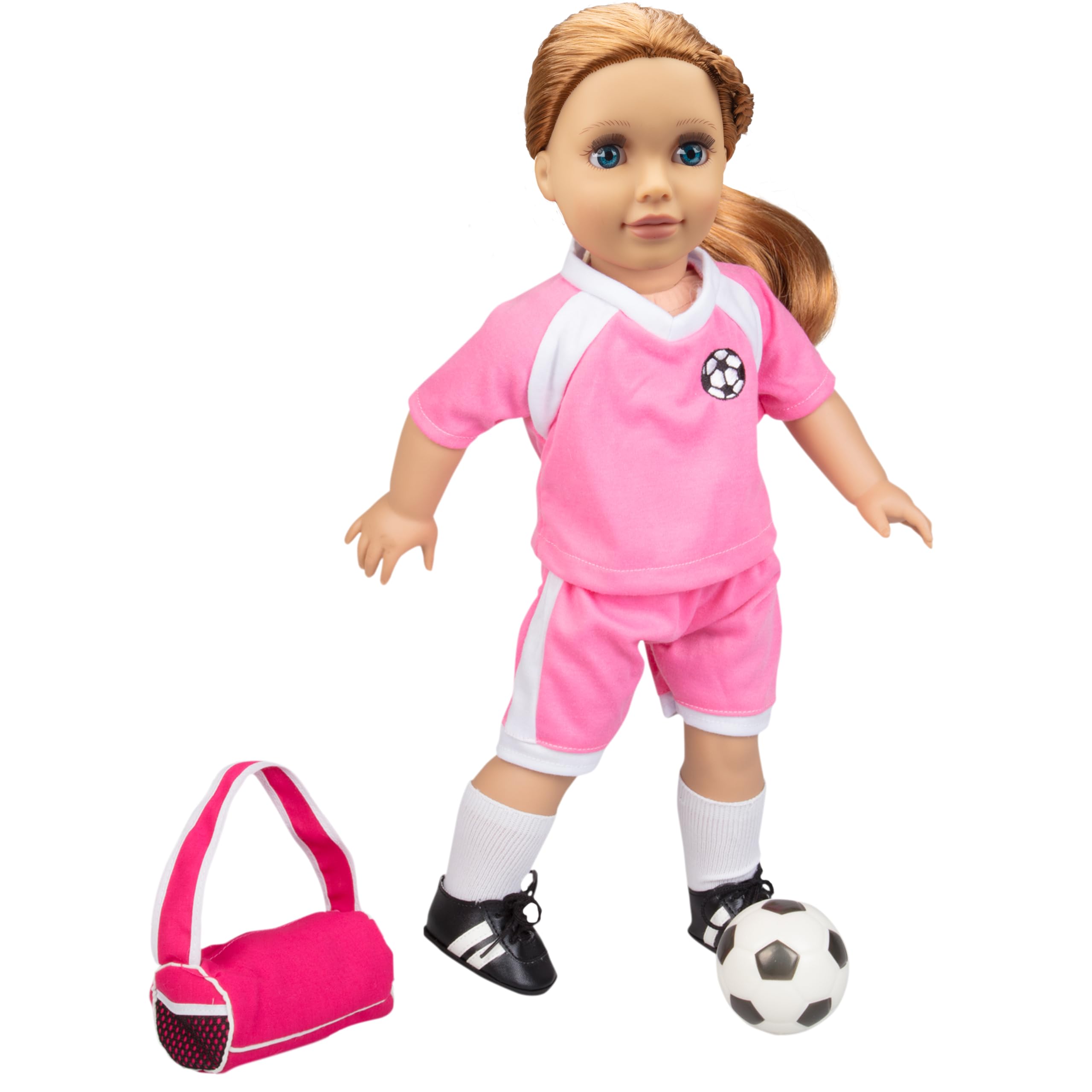 Dress Along Dolly 6pc Soccer Uniform Outfit w Soccer Ball-18 Doll Clothes & Accessories Compatible w American Girl Dolls-Set Includes Jersey, Shorts, Socks, Cleats, Sports Bag, & Ball-Gifts for Girls