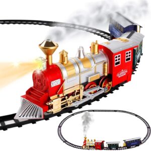 classic train set with smoke - train toys for kids with lights & sounds, locomotive engine, railway kit cargo cars & 11 feet of tracks