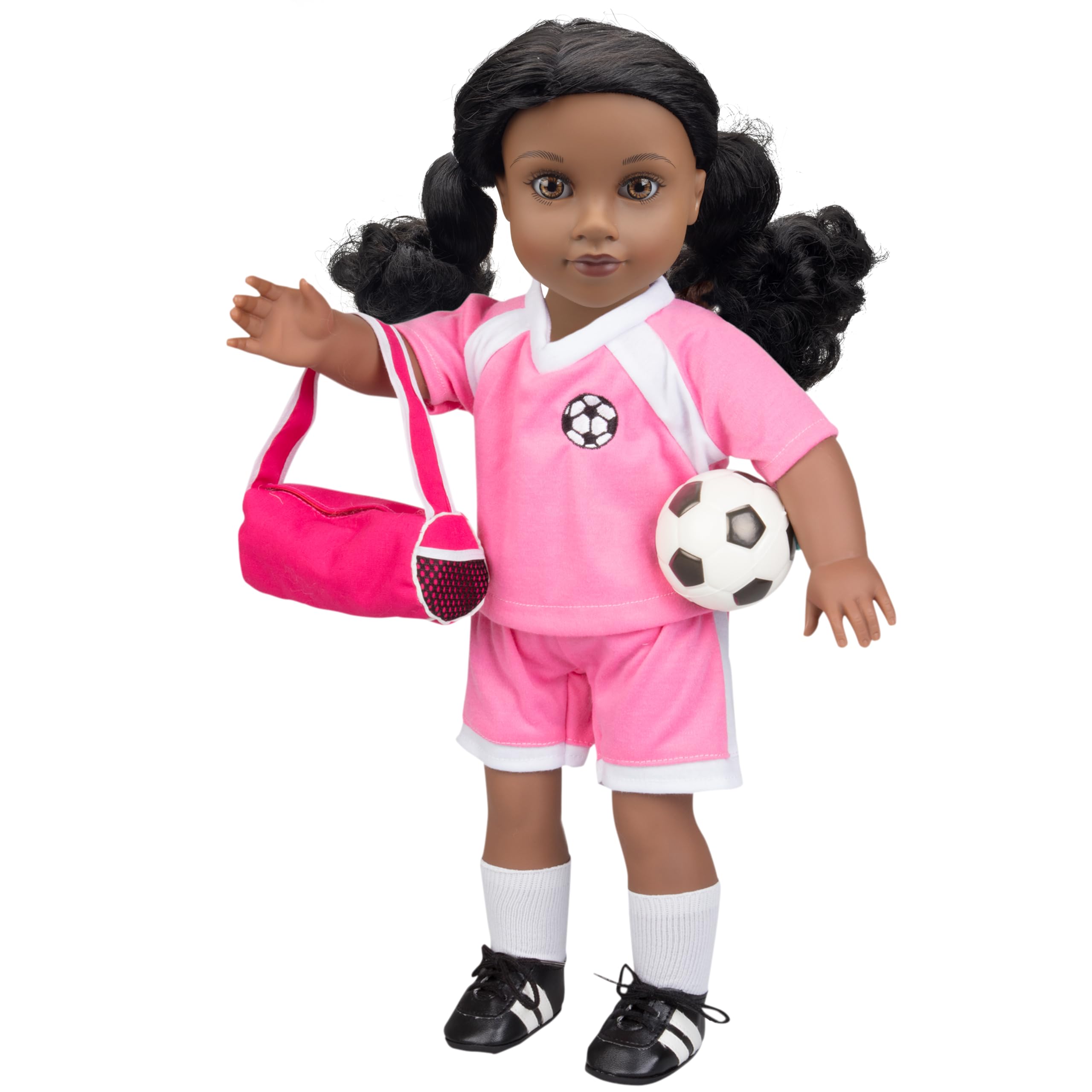 Dress Along Dolly 6pc Soccer Uniform Outfit w Soccer Ball-18 Doll Clothes & Accessories Compatible w American Girl Dolls-Set Includes Jersey, Shorts, Socks, Cleats, Sports Bag, & Ball-Gifts for Girls