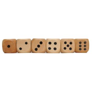 we games wooden dice set with rounded corners - pack of 6 bulk dice with cloth bag, 16mm dice, black pips for board games, gaming dice sets, standard 6 sided dice set for adults