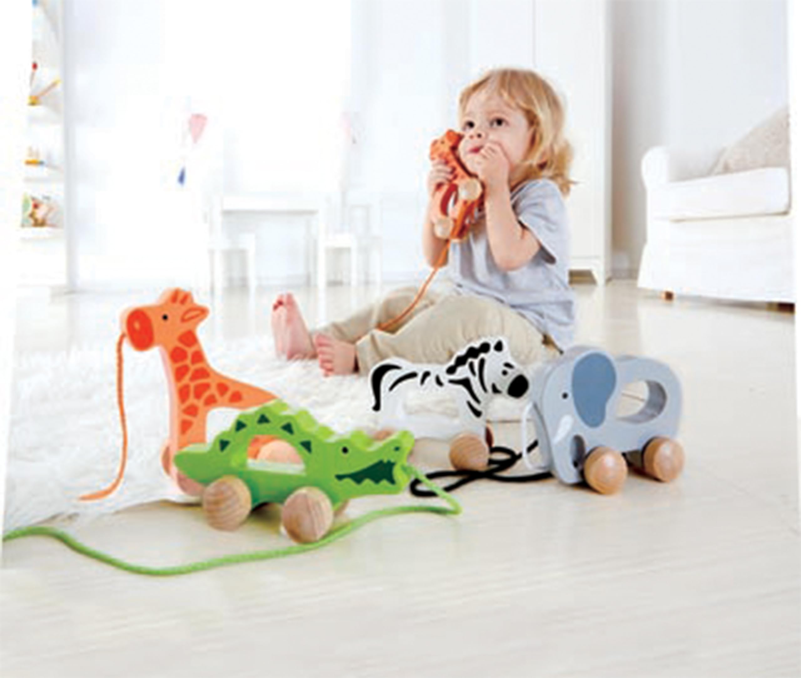 Hape Giraffe Wooden Push and Pull Toddler Toy, L: 5.3, W: 2.4, H: 5.9 inch, Orange