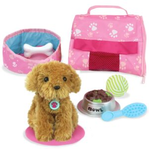 sophia's golden plush puppy dog and accessories set with leash, food bowl, brush, ball, bone, bed, blanket, and carrier sized for 18" dolls, multicolor