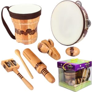 wooden musical instruments set for kids, percussion natural wooden music kit with bongo drums for baby, preschool music education, toddler musical toys