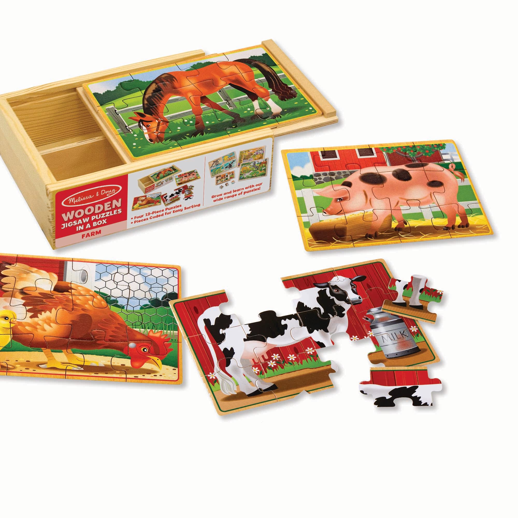 Melissa & Doug Animals 4-in-1 Wooden Jigsaw Puzzles Set - Pets and Farm - Toddler Wooden Jigsaw Puzzles, Animal Puzzles, Take-Along Puzzles For Toddlers And Kids Ages 3+