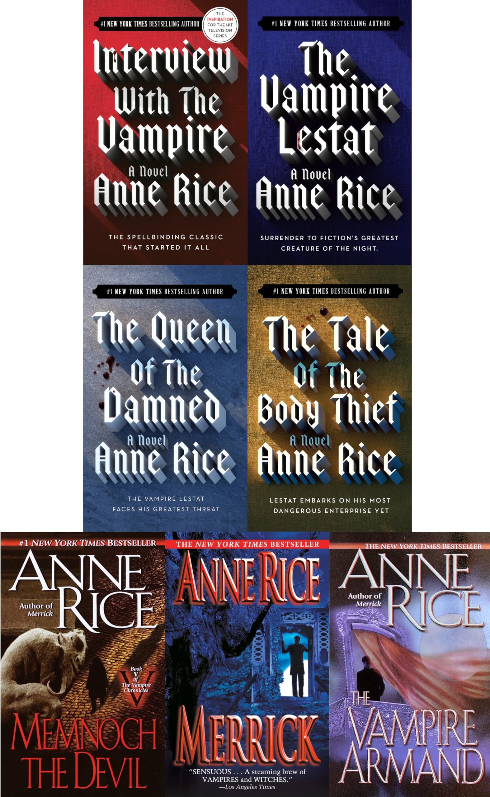 Anne Rice 7 Book Set "Interview with the Vampire", "The Vampire Lestat", "Queen of the Damned", "The Tale of the Body Thief", "Memnoch the Devil", "The Vampire Armand" and "Merrick" (Vampire Chronicles)