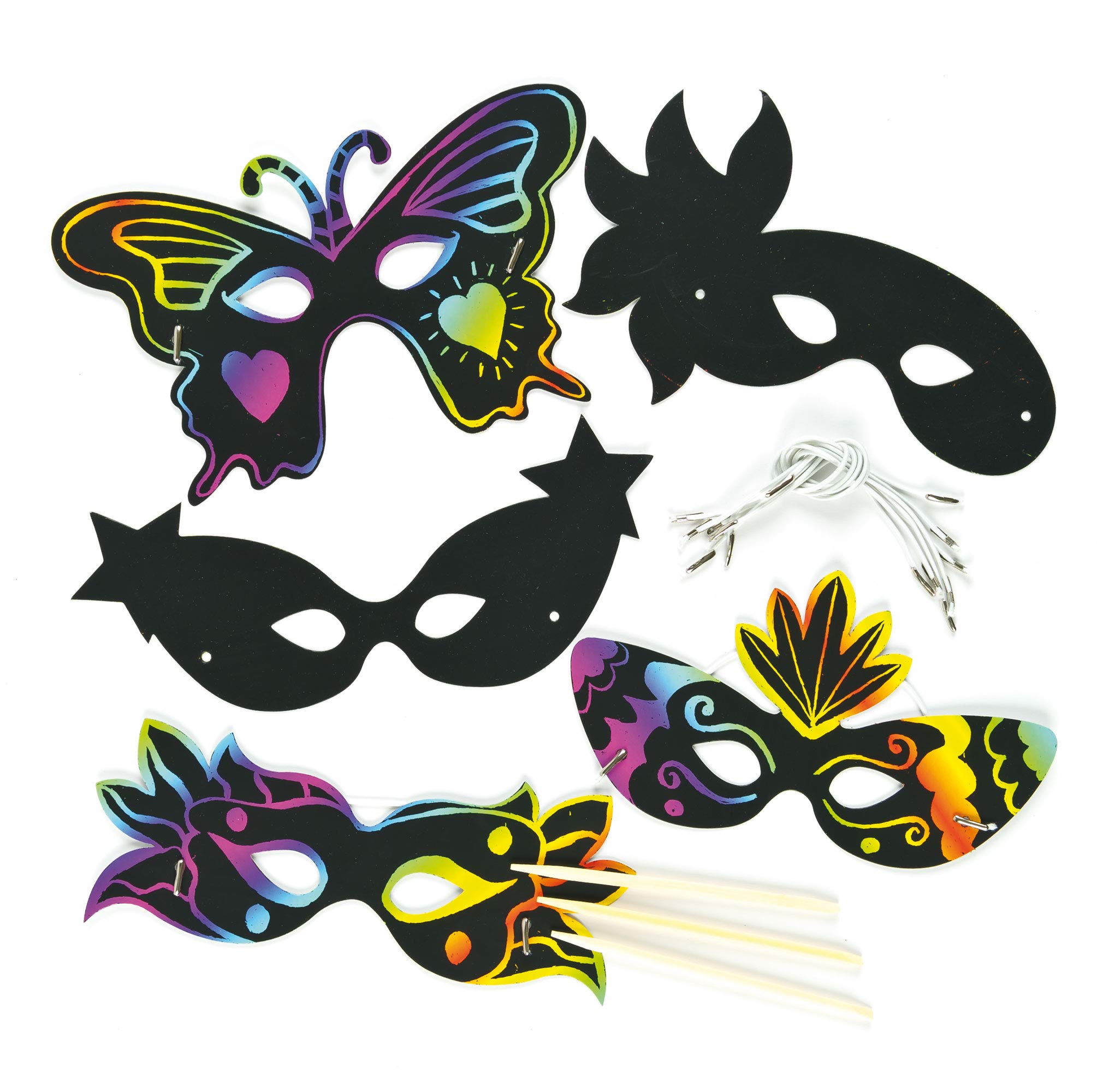 Baker Ross ET771 Carnival Scratch Art Masks - Pack of 10, Rainbow Scratch Paper with Stylus for Kids to Decorate in Arts and Crafts Activities, Black