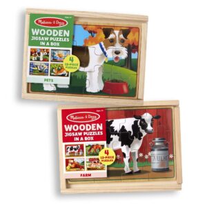 melissa & doug animals 4-in-1 wooden jigsaw puzzles set - pets and farm - toddler wooden jigsaw puzzles, animal puzzles, take-along puzzles for toddlers and kids ages 3+