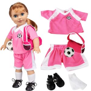 dress along dolly 6pc soccer uniform outfit w soccer ball-18 doll clothes & accessories compatible w american girl dolls-set includes jersey, shorts, socks, cleats, sports bag, & ball-gifts for girls