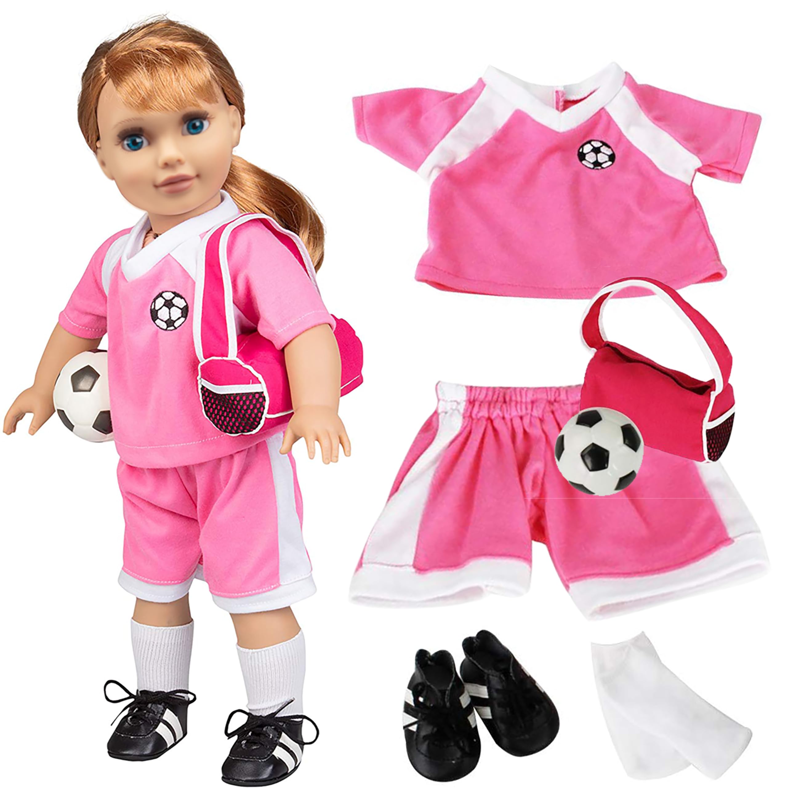 Dress Along Dolly 6pc Soccer Uniform Outfit w Soccer Ball-18 Doll Clothes & Accessories Compatible w American Girl Dolls-Set Includes Jersey, Shorts, Socks, Cleats, Sports Bag, & Ball-Gifts for Girls