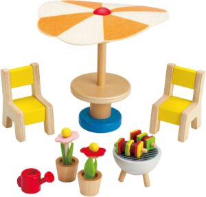 hape wooden patio set| pretend doll house furniture with accessories for kids