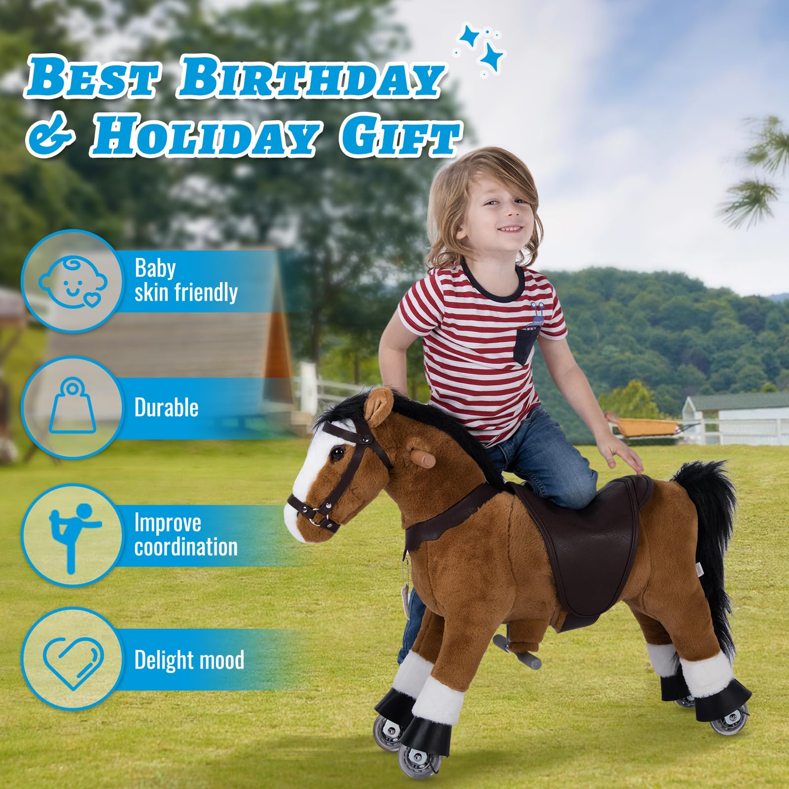 UFREE Ride on Horse, Horse Ride on Toy, Mechanical Horse, Plush Animal, Black Mane and Tail, Age 3-6