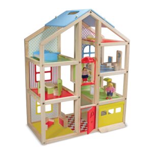 melissa & doug hi-rise wooden dollhouse with 15 pcs furniture - garage and working elevator