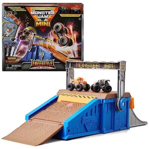 monster jam mini freestyle flip arena playset and storage with 2 mini monster jam trucks, kids toys for boys and girls ages 3 and up