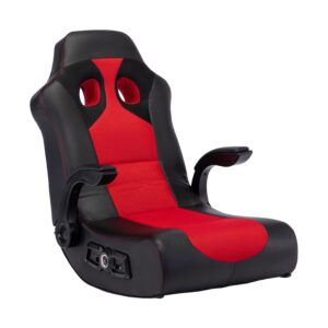 x rocker aspire 2.1 race car seat video gaming lounging floor chair, with vibration motors, wireless bluetooth audio, 2 speakers, subwoofer, padded armrests, 5172801, 23.6" x 14.6" x 17.7", black and red