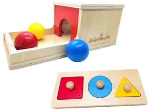 brightnbeyond 2-for-1 montessori bundle with object permanence box and multiple shape puzzle sorter wooden first shapes for 6-12 months infant 1 2 year old motor developmental baby sensory skills toys