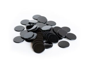 plastic counters: black color gaming tokens (hard colored plastic coins, markers and discs for bingo chips, tiddly winks, checkers, and other board game playing pieces) | 50 pieces