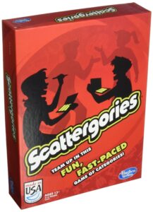 scattergories board game, game of categories, family board games for adults and teens, fun party games for 2 to 4 teams, word games, ages 13+