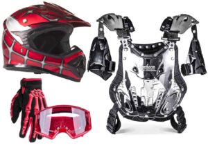 typhoon kids pee wee off road motocross gear combo helmet gloves goggles & chest protector red - large