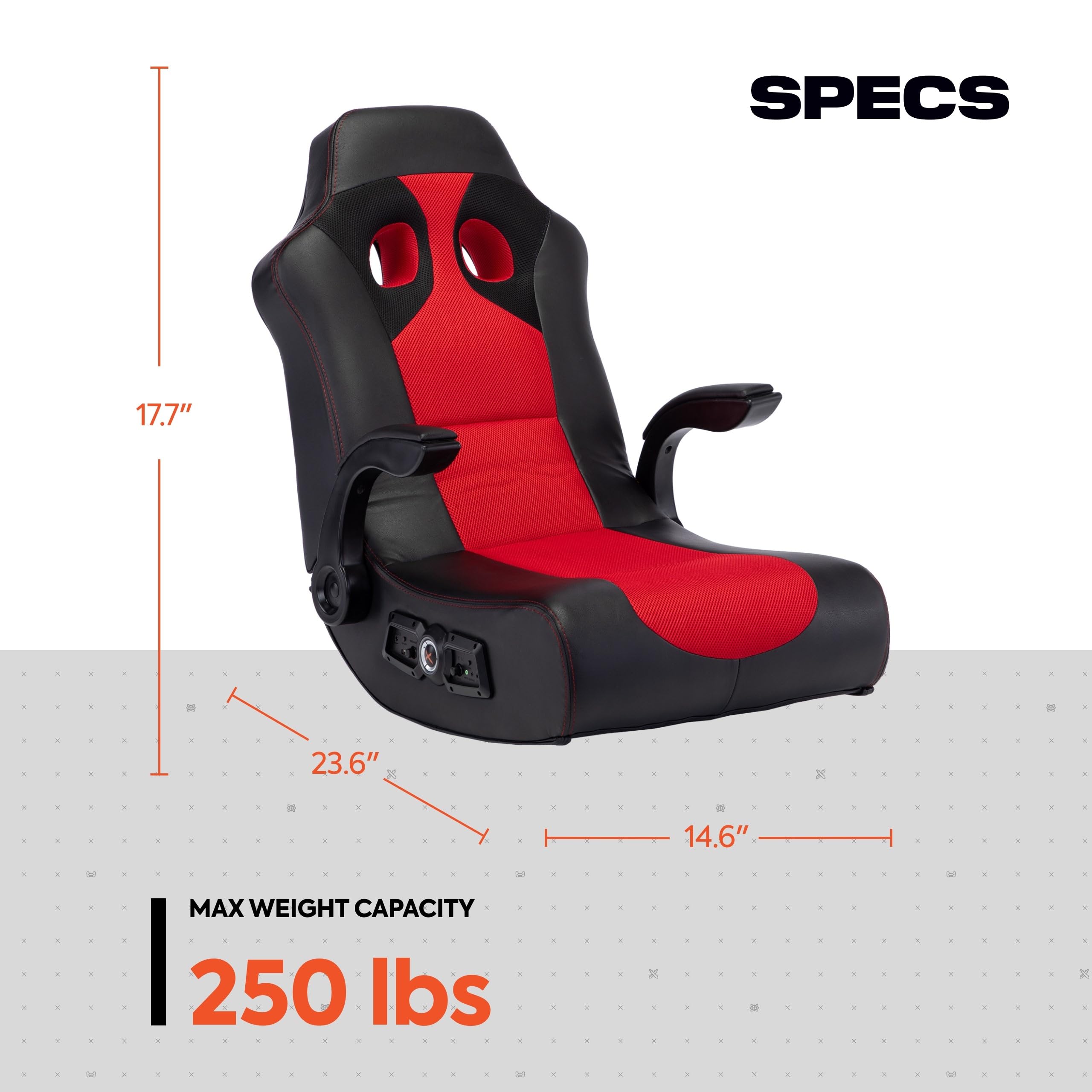 X Rocker Aspire 2.1 Race Car Seat Video Gaming Lounging Floor Chair, with Vibration Motors, Wireless Bluetooth Audio, 2 Speakers, Subwoofer, Padded Armrests, 5172801, 23.6" x 14.6" x 17.7", Black and Red