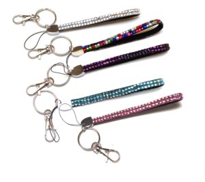 wigspedia set of 5 rhinestone crystal bling wrist strap key chain (light aqua blue, multicolor, light pink, clear, dark plum purple wristlet)