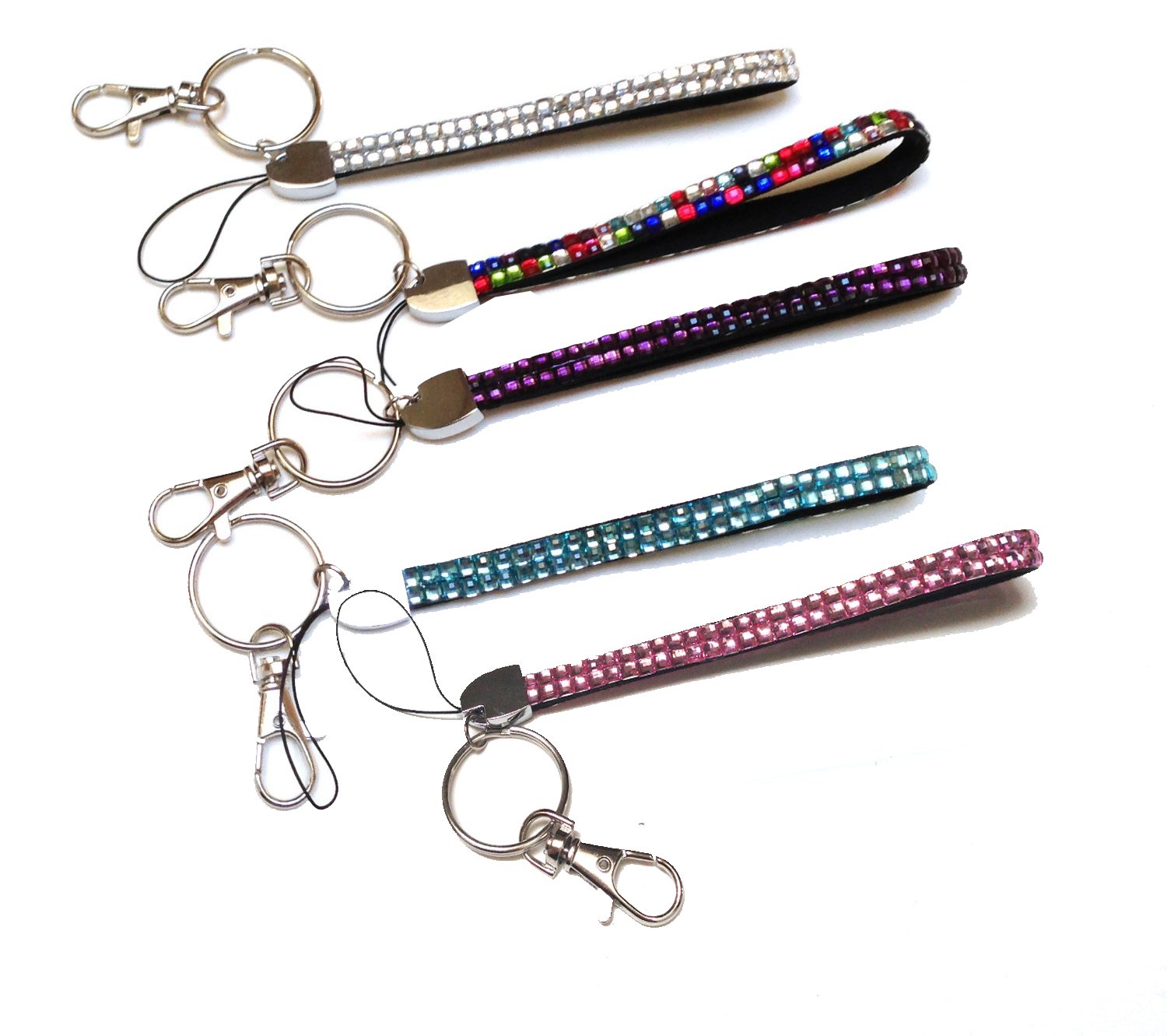 Wigspedia Set of 5 Rhinestone Crystal Bling Wrist Strap Key Chain (Light Aqua Blue, Multicolor, Light Pink, Clear, Dark Plum Purple Wristlet)