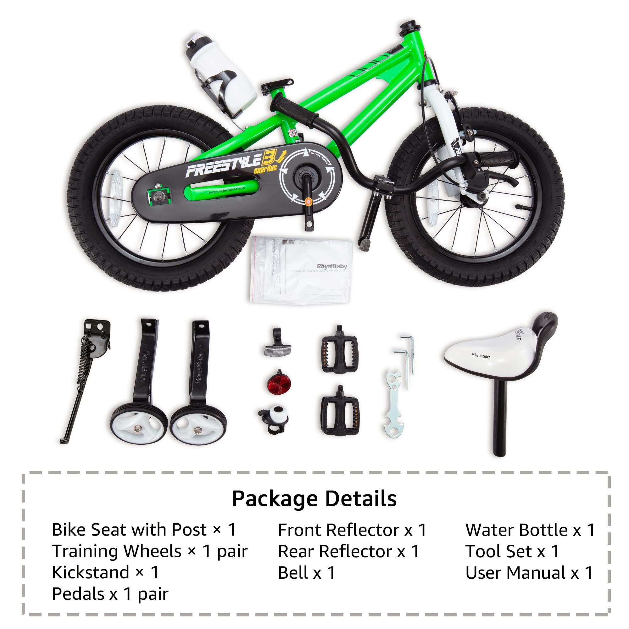 RoyalBaby Freestyle Kids Bike Boys Girls 16 Inch BMX Childrens Bicycle with Training Wheels & Kickstand for Ages 4-7 years, Green