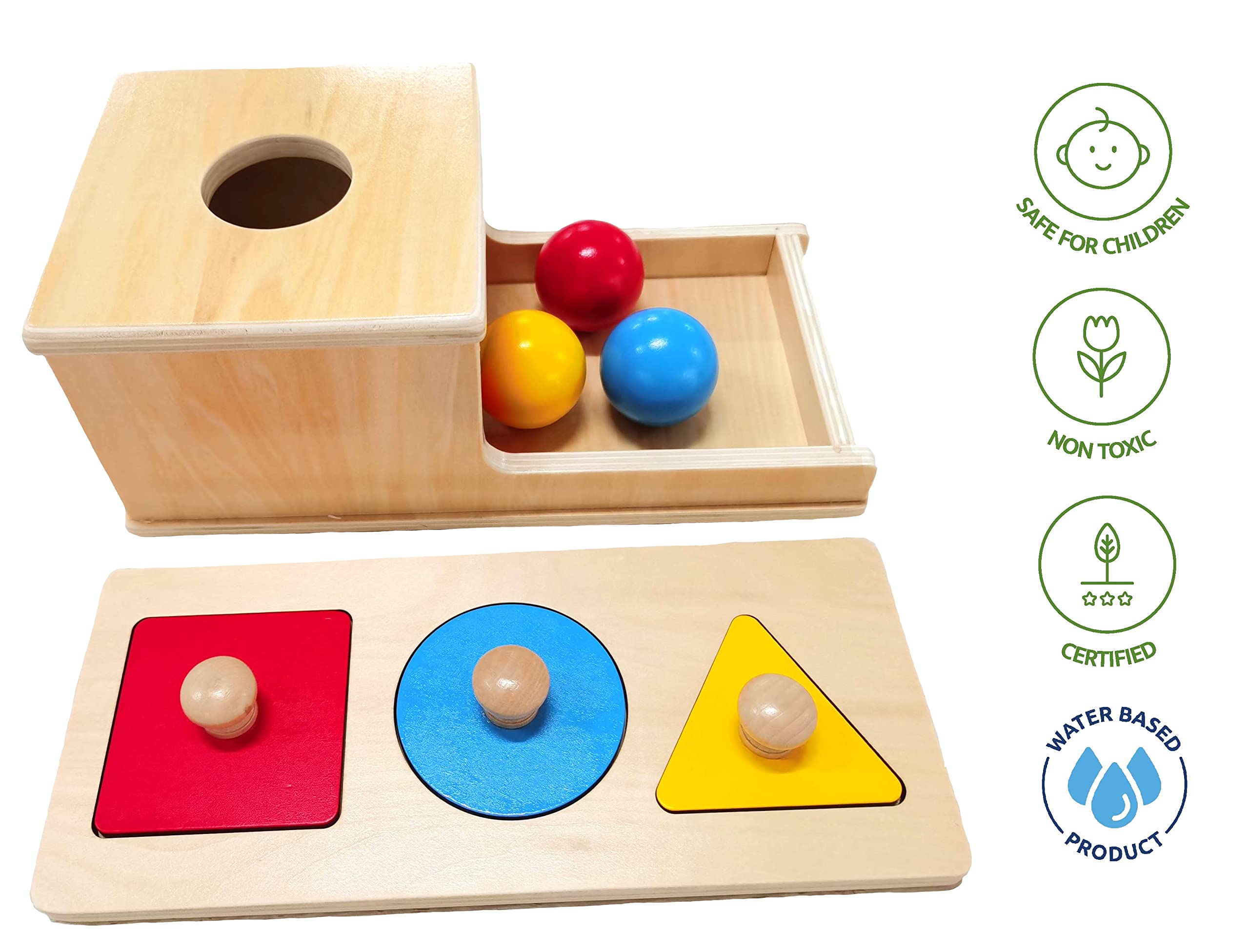 BrightNBeyond 2-for-1 Montessori Bundle with Object Permanence Box and Multiple Shape Puzzle Sorter Wooden First Shapes for 6-12 Months Infant 1 2 Year Old Motor Developmental Baby Sensory Skills Toys