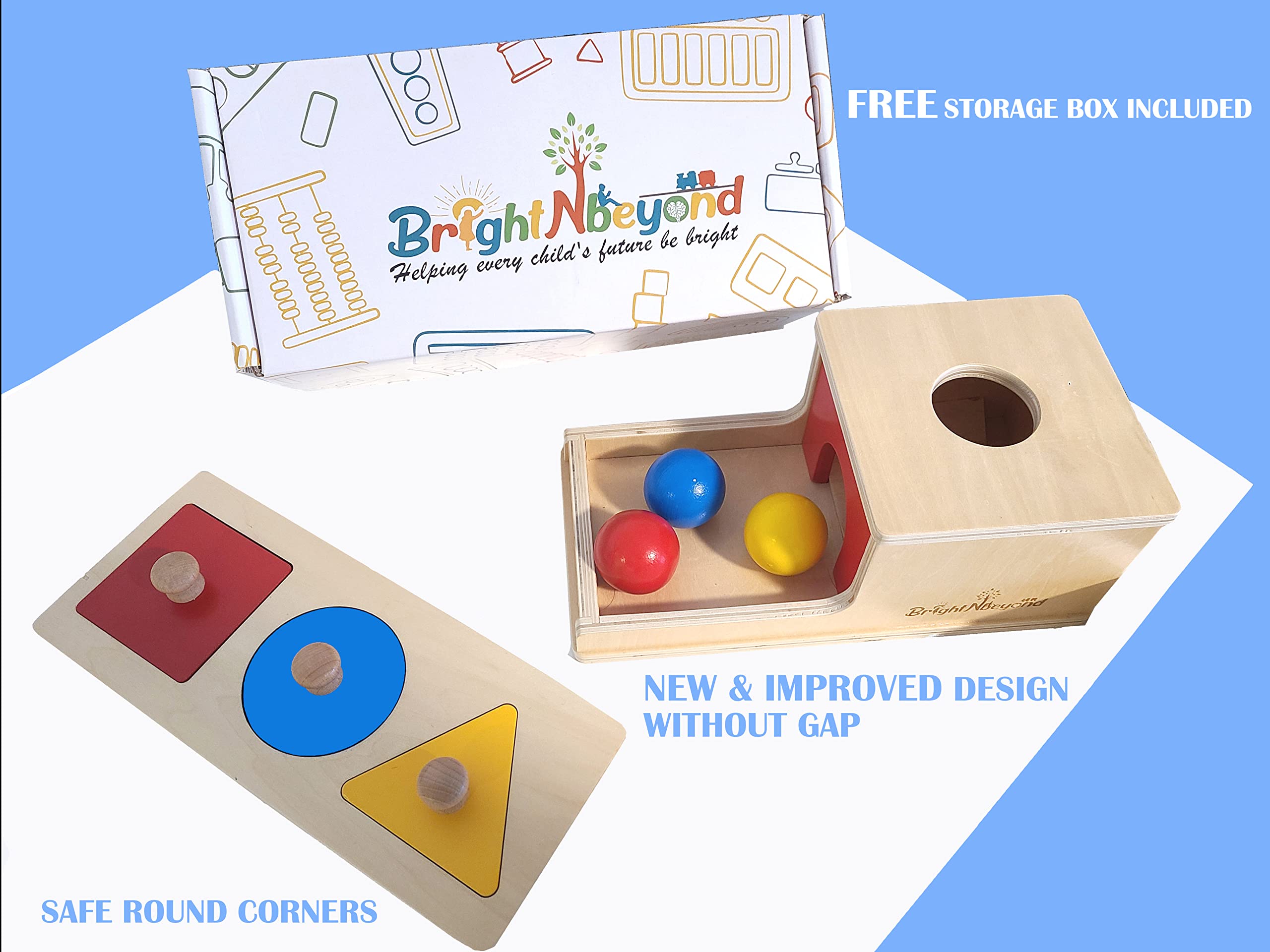 BrightNBeyond 2-for-1 Montessori Bundle with Object Permanence Box and Multiple Shape Puzzle Sorter Wooden First Shapes for 6-12 Months Infant 1 2 Year Old Motor Developmental Baby Sensory Skills Toys