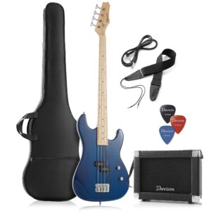 davison guitars full size electric bass guitar with 15-watt amp, blue - 4 string right handed beginner kit with gig bag and accessories