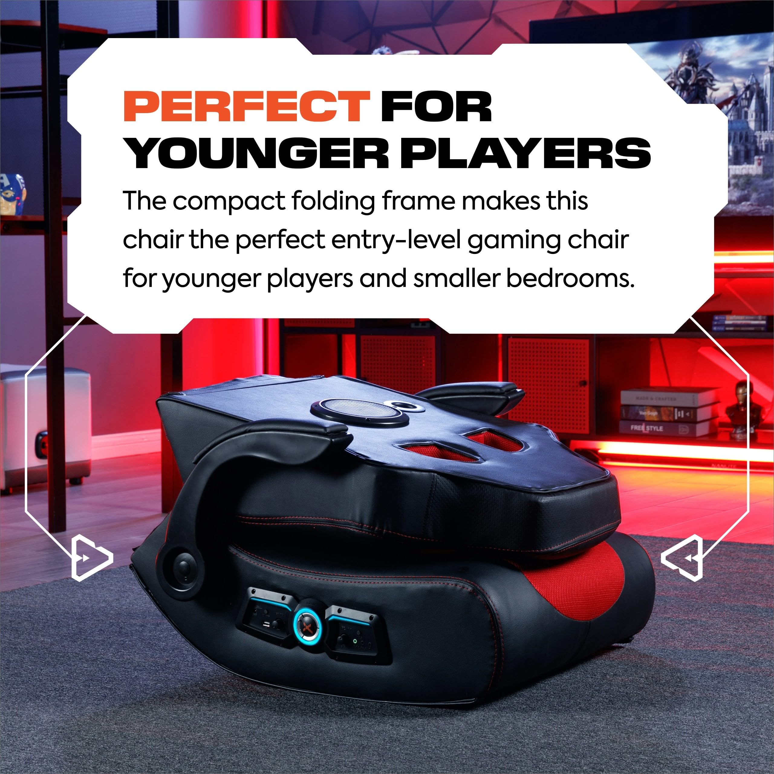 X Rocker Aspire 2.1 Race Car Seat Video Gaming Lounging Floor Chair, with Vibration Motors, Wireless Bluetooth Audio, 2 Speakers, Subwoofer, Padded Armrests, 5172801, 23.6" x 14.6" x 17.7", Black and Red