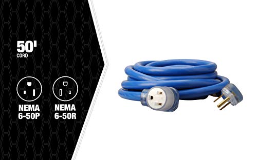 Coleman Cable 19228806 8/3 Heavy-Duty STW 50-Amp/250-Volt Nema 6-50 Blue Welder Extension Cord; 50-Feet