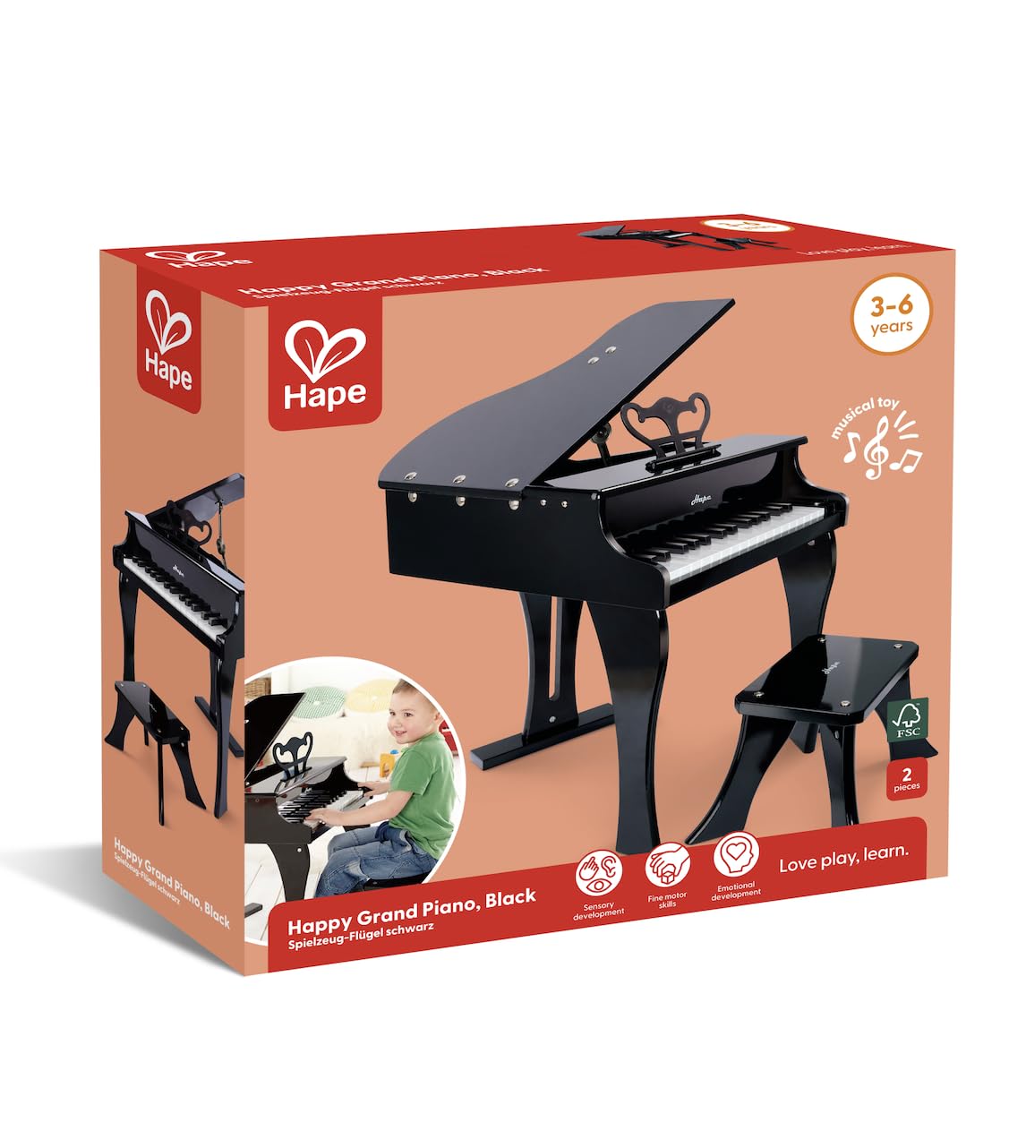 Hape Classic Grand Black Piano| Thirty Key Wooden Keyboard Musical Toy Set for Kids Age Year 3 and up