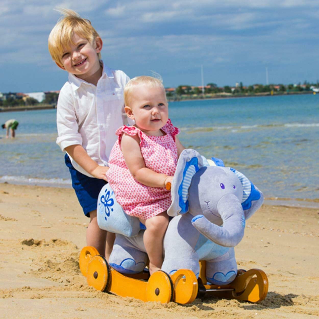 labebe - Baby Rocking Horse, Plush Rocking Animal, Toddler/Baby Wooden Rocker Toy for Nursery, Ride on Toy for Girl&Boy 1-3 Years, 2 in 1 Rocking Elephant Blue with Wheel, Kid Riding Horse Toys