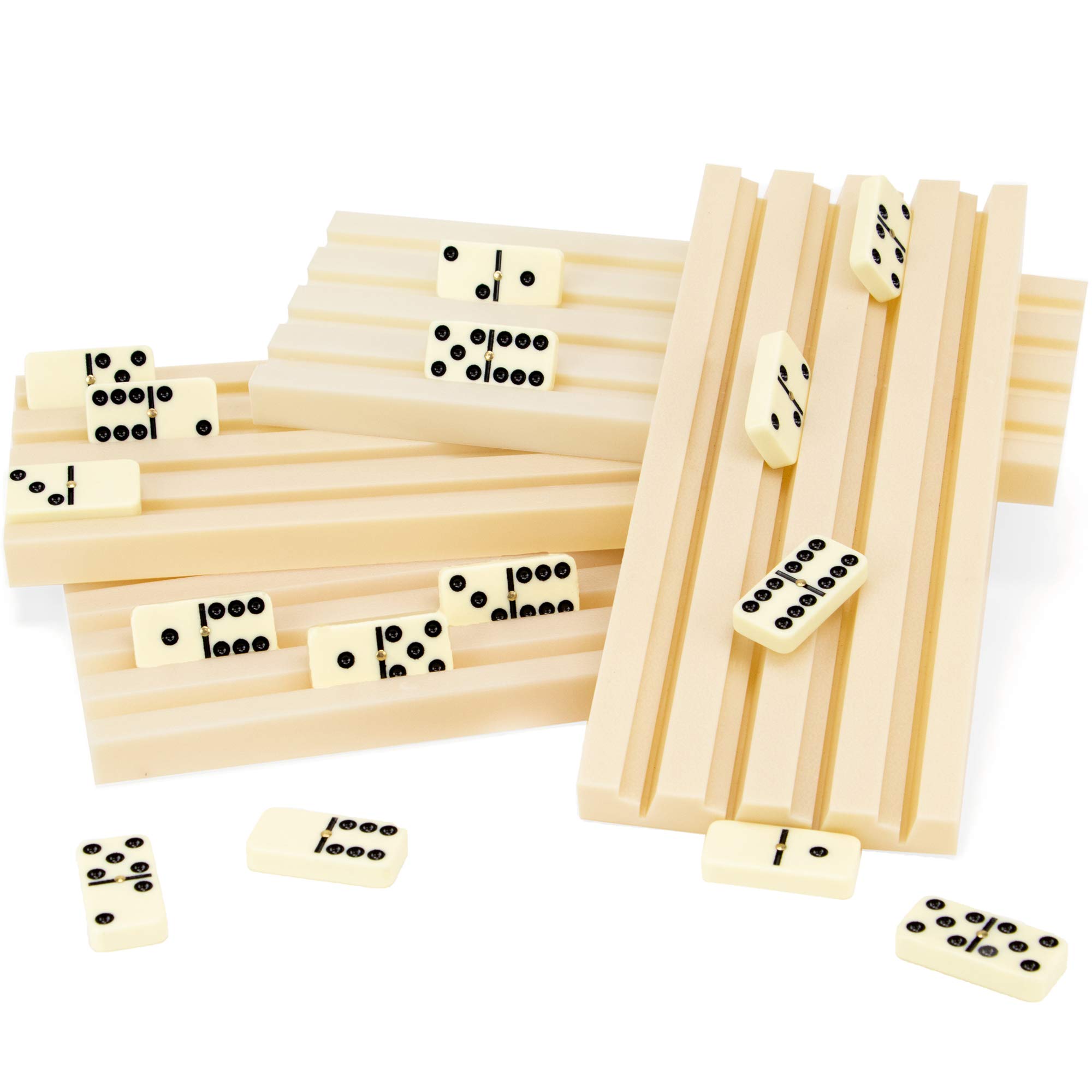 Brybelly Set of Four Plastic Domino Trays, Premium Holder Racks for Domino Tiles, Great for Mexican Train, Mahjong, Chickenfoot, & Domino Games