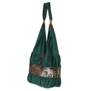 novica handmade cotton shoulder bag | green elephant embroidery handbags | casual top long handle cotton handbag | sling crossbody | boho hippie hobo | thailand animal themed bohemian | emerald thai