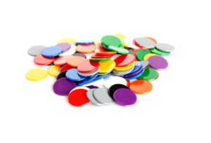 plastic counters (90): black, grey, white, red, orange, yellow, green, blue, and purple color gaming tokens (hard colored plastic coins, markers and discs for bingo chips, tiddly winks, and checkers)