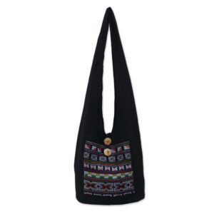 novica artisan hand embroidered cotton handbag hemp sling handbags multicolor black slings thailand geometric ' tribal tradition'