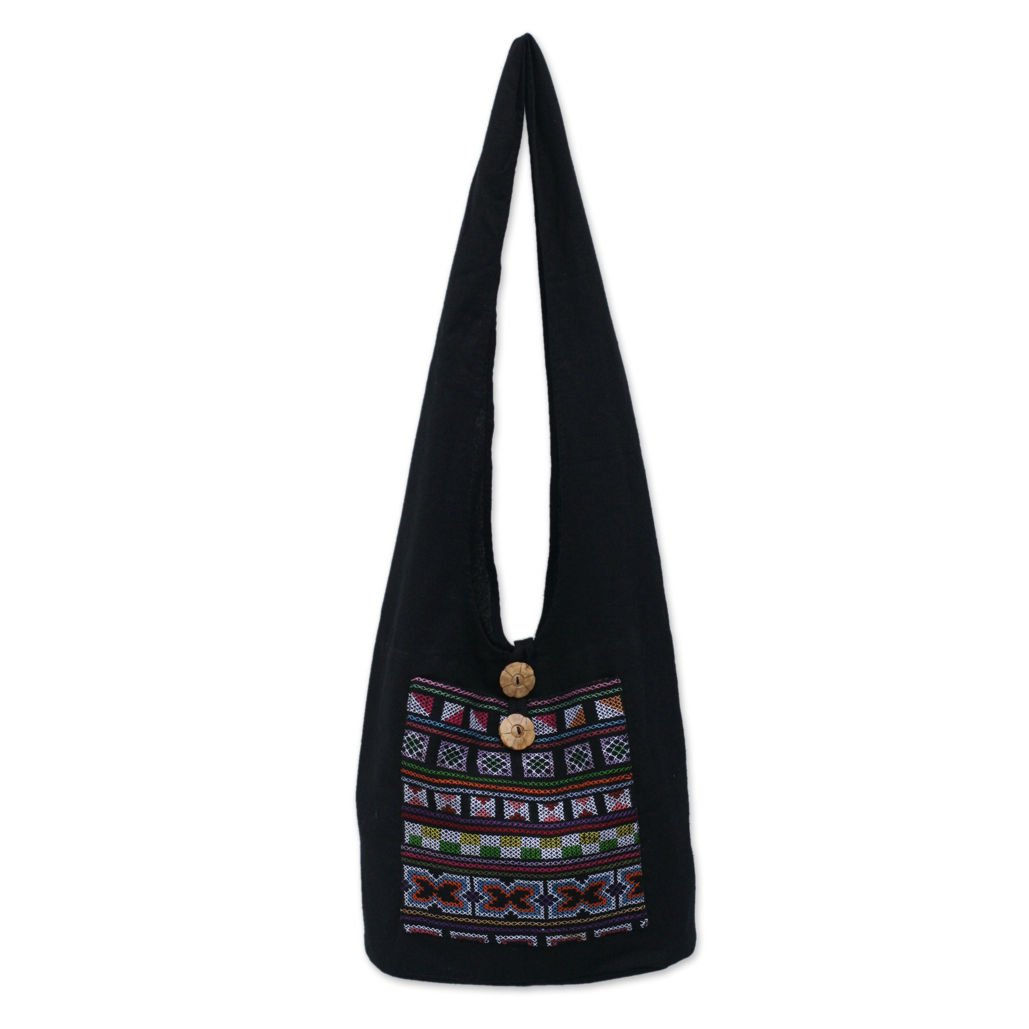 NOVICA Artisan hand embroidered cotton handbag hemp sling handbags multicolor black slings thailand geometric ' tribal tradition'