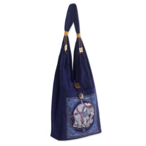 novica artisan handcrafted cotton handbag shoulder handbags blue royal classic snorkel patterned thailand animal themed elephant ' lucky elephant'