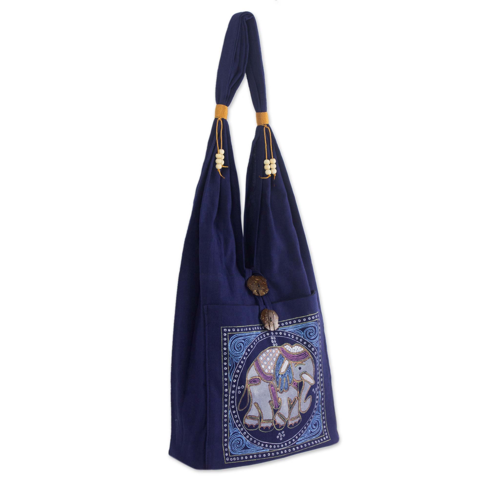 NOVICA Artisan handcrafted cotton handbag shoulder handbags blue royal classic snorkel patterned thailand animal themed elephant ' lucky elephant'