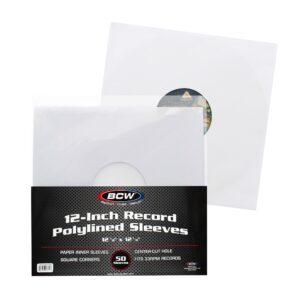 bcw 12-inch vinyl lp record sleeves - pack of 50 | white polylined inner protective sleeves with center hole for vinyl records | acid-free, scratch resistant | ideal for djs and vinyl collectors