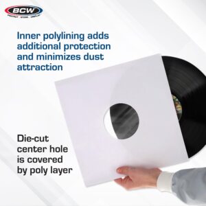 BCW 12-Inch Vinyl LP Record Sleeves - Pack of 50 | White Polylined Inner Protective Sleeves with Center Hole for Vinyl Records | Acid-Free, Scratch Resistant | Ideal for DJs and Vinyl Collectors