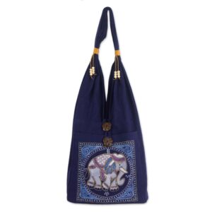 NOVICA Artisan handcrafted cotton handbag shoulder handbags blue royal classic snorkel patterned thailand animal themed elephant ' lucky elephant'