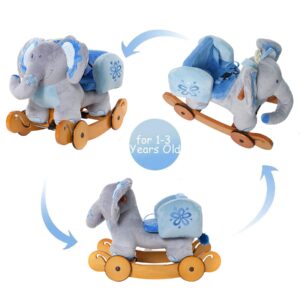 labebe - Baby Rocking Horse, Plush Rocking Animal, Toddler/Baby Wooden Rocker Toy for Nursery, Ride on Toy for Girl&Boy 1-3 Years, 2 in 1 Rocking Elephant Blue with Wheel, Kid Riding Horse Toys