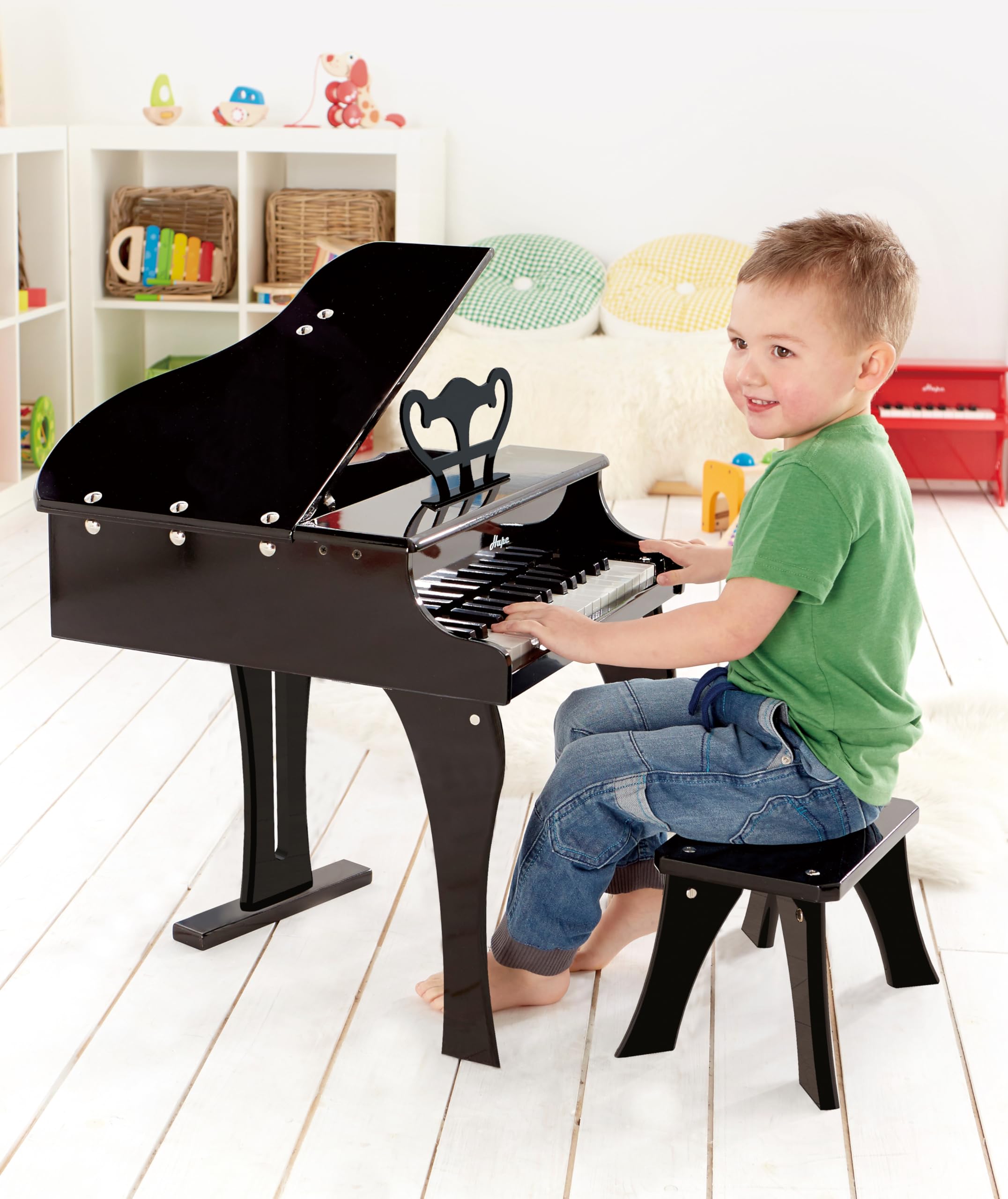 Hape Classic Grand Black Piano| Thirty Key Wooden Keyboard Musical Toy Set for Kids Age Year 3 and up