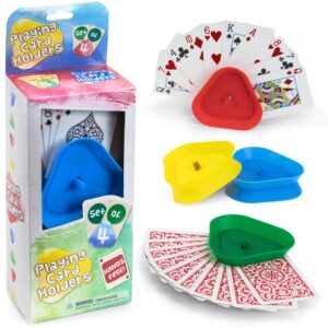 brybelly triangle card holders for playing cards, 4 pack - plastic table game accessories & pieces for kids, adults, seniors, family fun night, poker, canasta, parties, & classroom activities